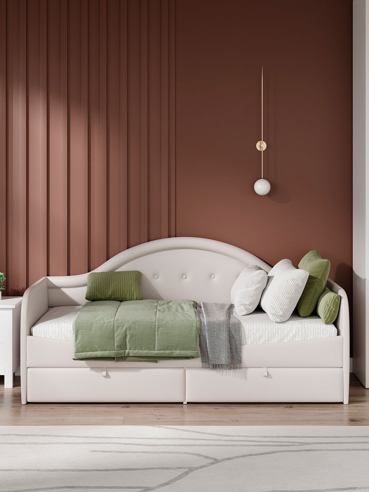 Кровать ТриЯ «Адель» односпальная с мягкой спинкой, Экокожа, Крем, 2 выдвижных ящика, 200×80 см, ЛДСП