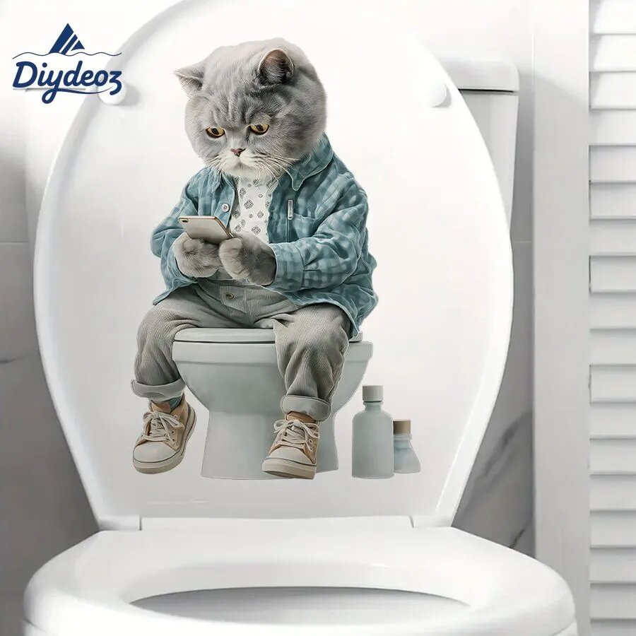 Наклейка на унитаз Кот со смартфоном , Забавный декор для ванной комнаты