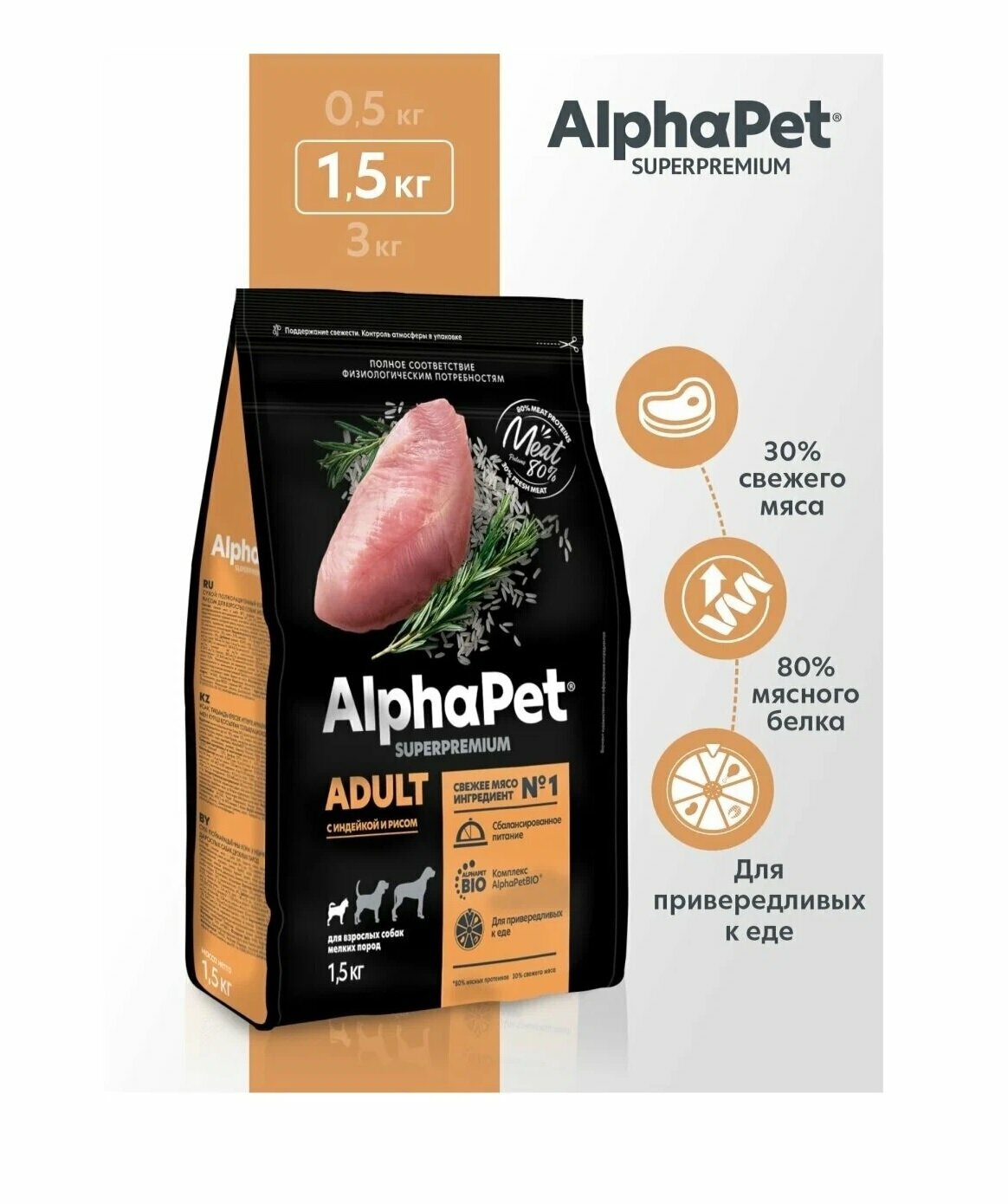 Сухой полнорационный корм AlphaPet Superpremium для собак мелких пород, с индейкой и рисом, 1.5 кг