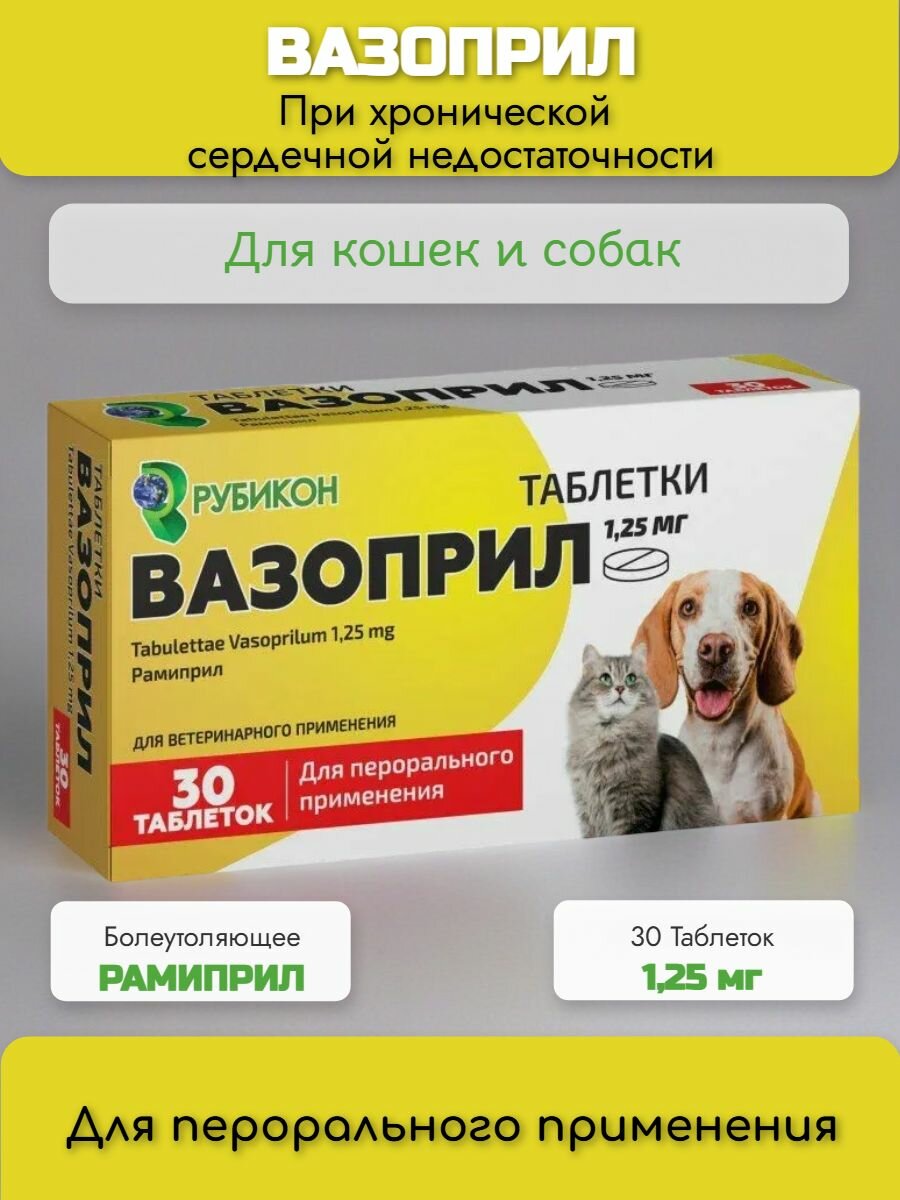 Препарат для собак Вазоприл (рубикон, аналог вазосана) 1,25 мг, для лечения сердечной недостаточности, 30 таблеток