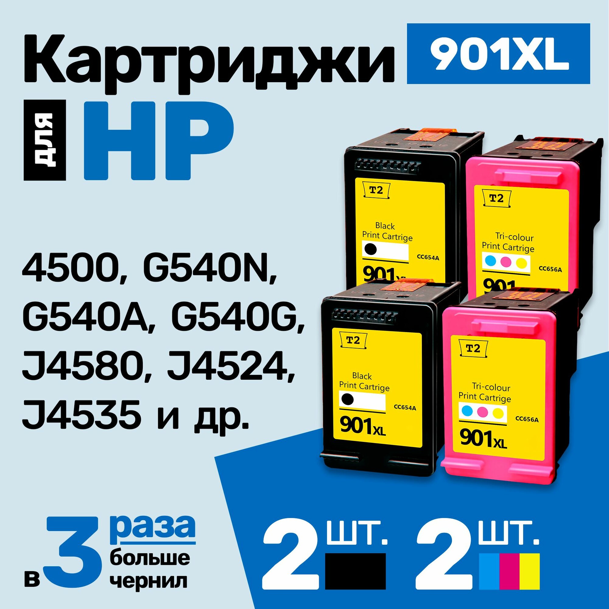 Картриджи к HP OfficeJet 4500, 4500 G540n, 4500 G540a, 4500 G540g, J4580, J4524, J4535, J4624, J4660, J4680, J4500, J4640, Officejet Pro G510 (901XL) и др, Эйч Пи, заправляемые, для принтера, Черный (Black), Цветной (Color), увеличенный объем, 4 шт.