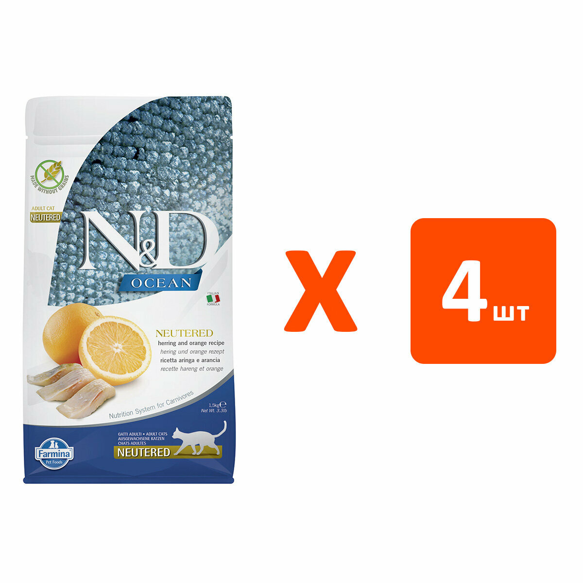 FARMINA CAT N&D OCEAN NEUTERED HERRING & ORANGE беззерновой для взрослых кастрированных котов и стерилизованных кошек сельдь/апельсин (1,5 кг х 4 шт)