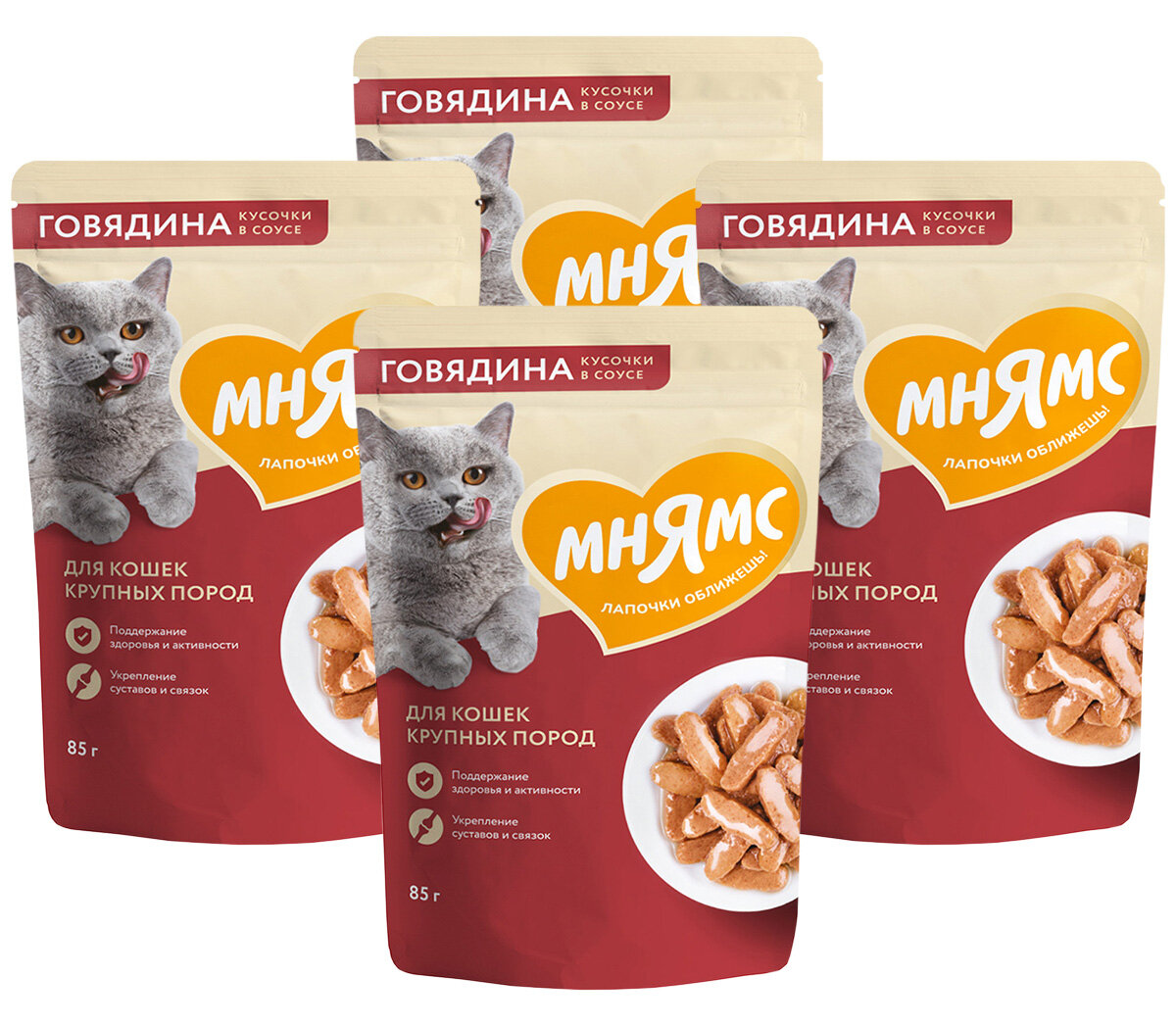 Влажный корм Мнямс для взрослых кошек крупных пород с говядиной в соусе пауч, 85 гр х 4 шт