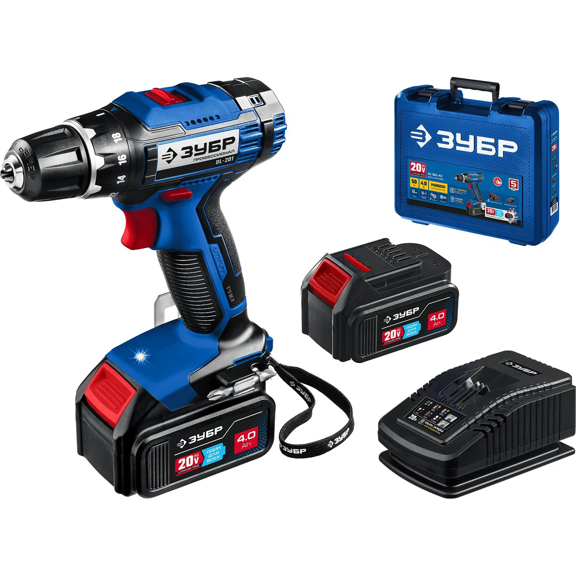 Дрель-шуруповерт аккумуляторная ЗУБР DL-201, 20В, без АКБ, 1350 об/мин, Li-Ion, реверс, подсветка, синий