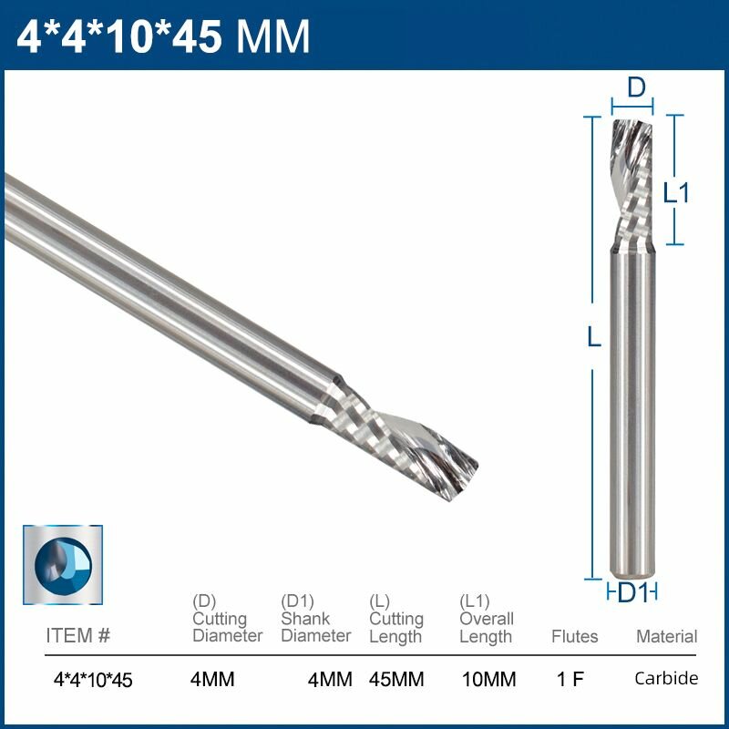 Фреза концевая однозаходная XCAN 4х10х45 мм, спиральная однозаходная по дереву и пластику