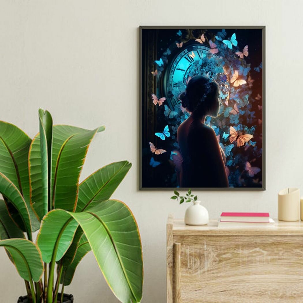 Алмазная мозаика для девочки 30х40 см с бабочками и часами – набор для творчества и украшения интерьера