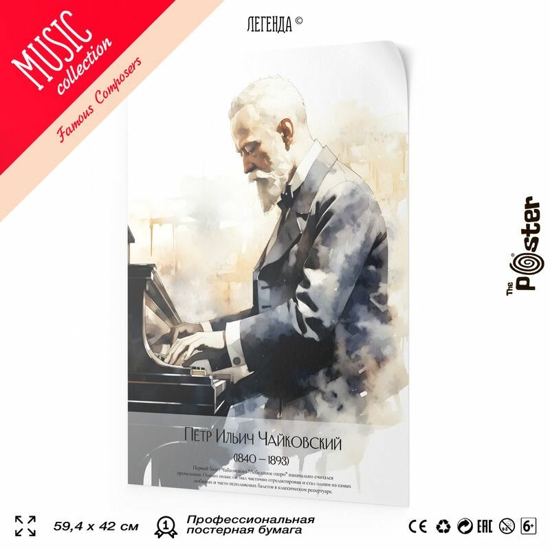 Постер с портретом композитора, Пётр Ильич Чайковский, А2 (60 х 42 см), интерьерный, SilverPlane