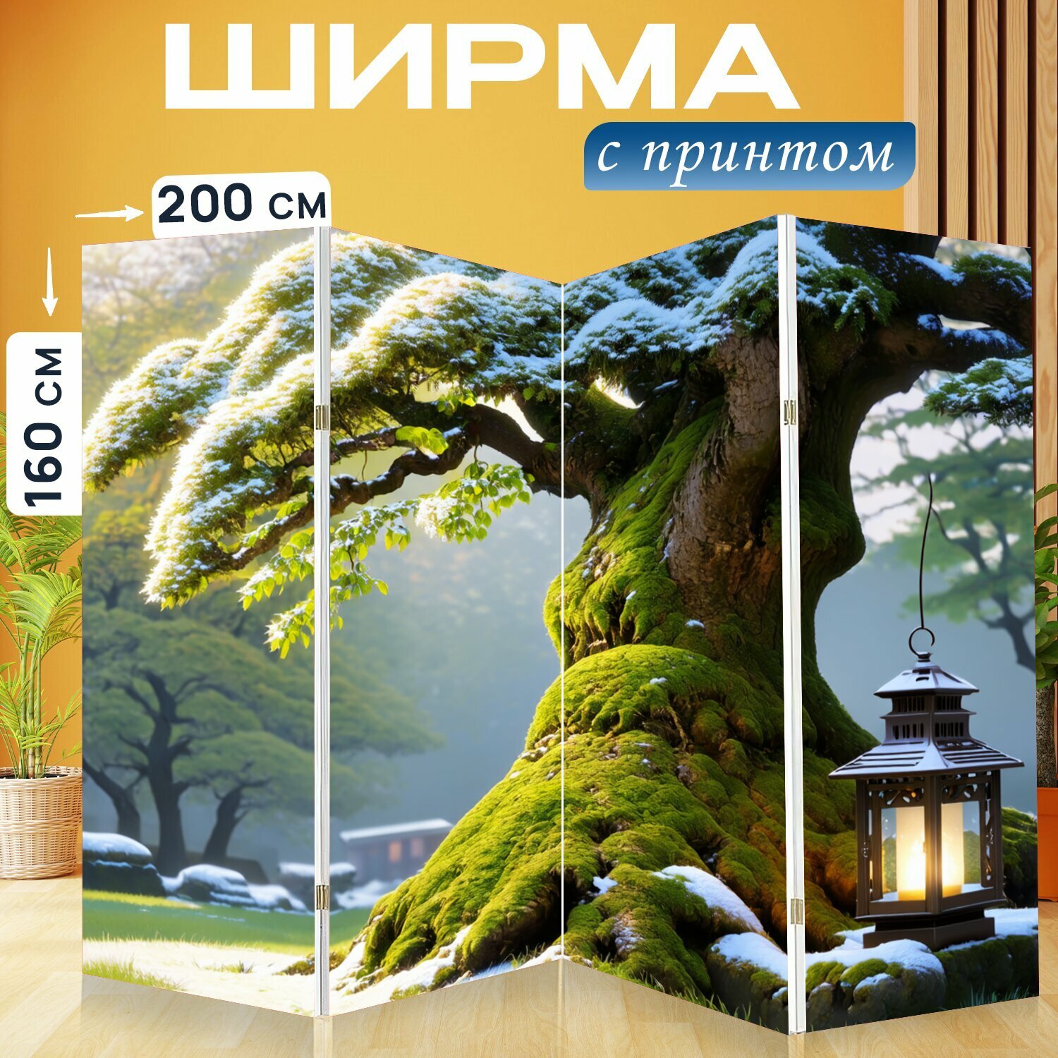 Ширма "Япония: старинное японское дерево, покрытое мхом, стволом которого прорастают зеленые побеги. около дерева" перегородка для зонирования комнаты с принтом 200x160 см. на холсте