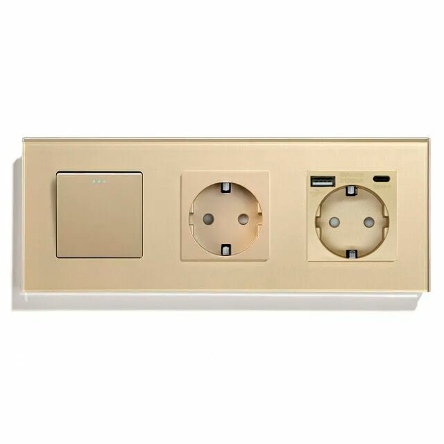 Выключатель с розеткой, 1 клавиша 2 розетки c usb type-c, 3 поста (M1+2FAC) рамка стекло 228х86мм цвет золото