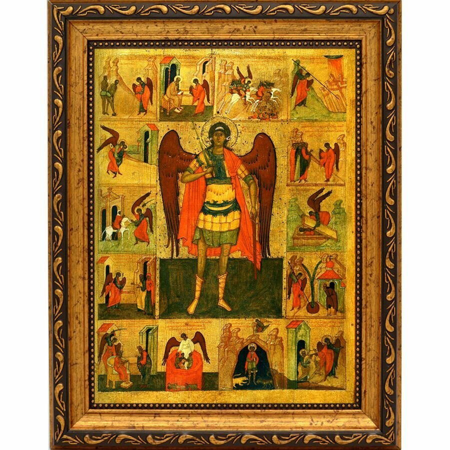 Архангел Михаил с деяниями. Копия старинной иконы на холсте. (15 х 20 см / В раме / 25)