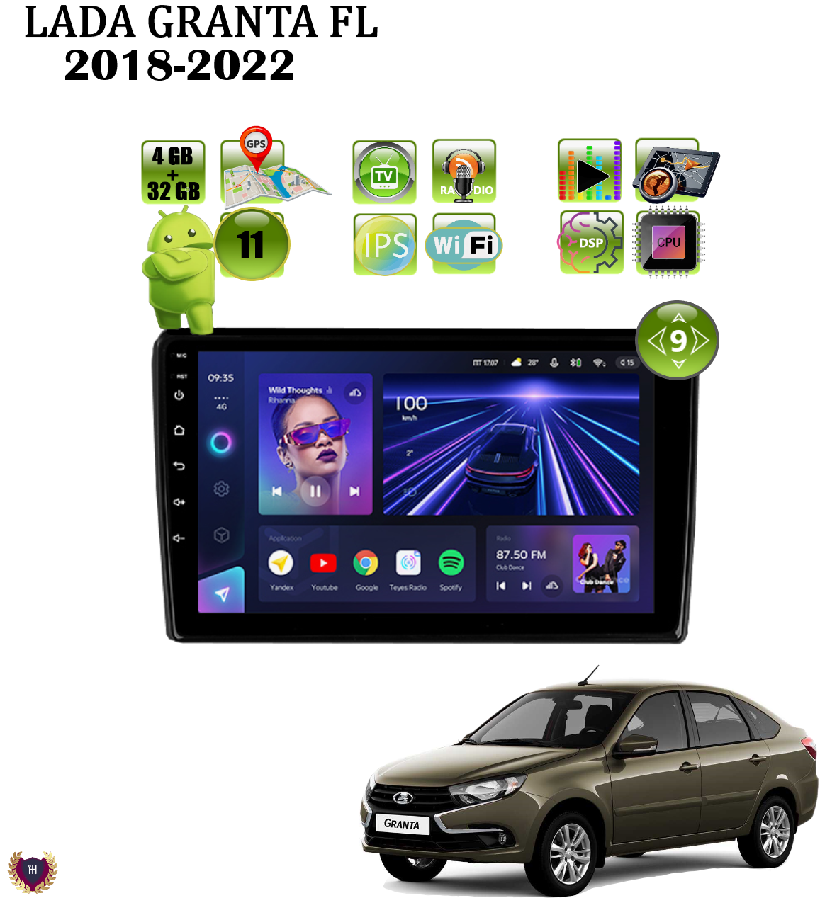 Автомагнитола для Lada Granta FL (2018-2022), Android 11, 4/32 Gb, Wi-Fi, Bluetooth, GPS, CarPlay, разделение экрана, сенсорные кнопки, поддержка кнопок на руле
