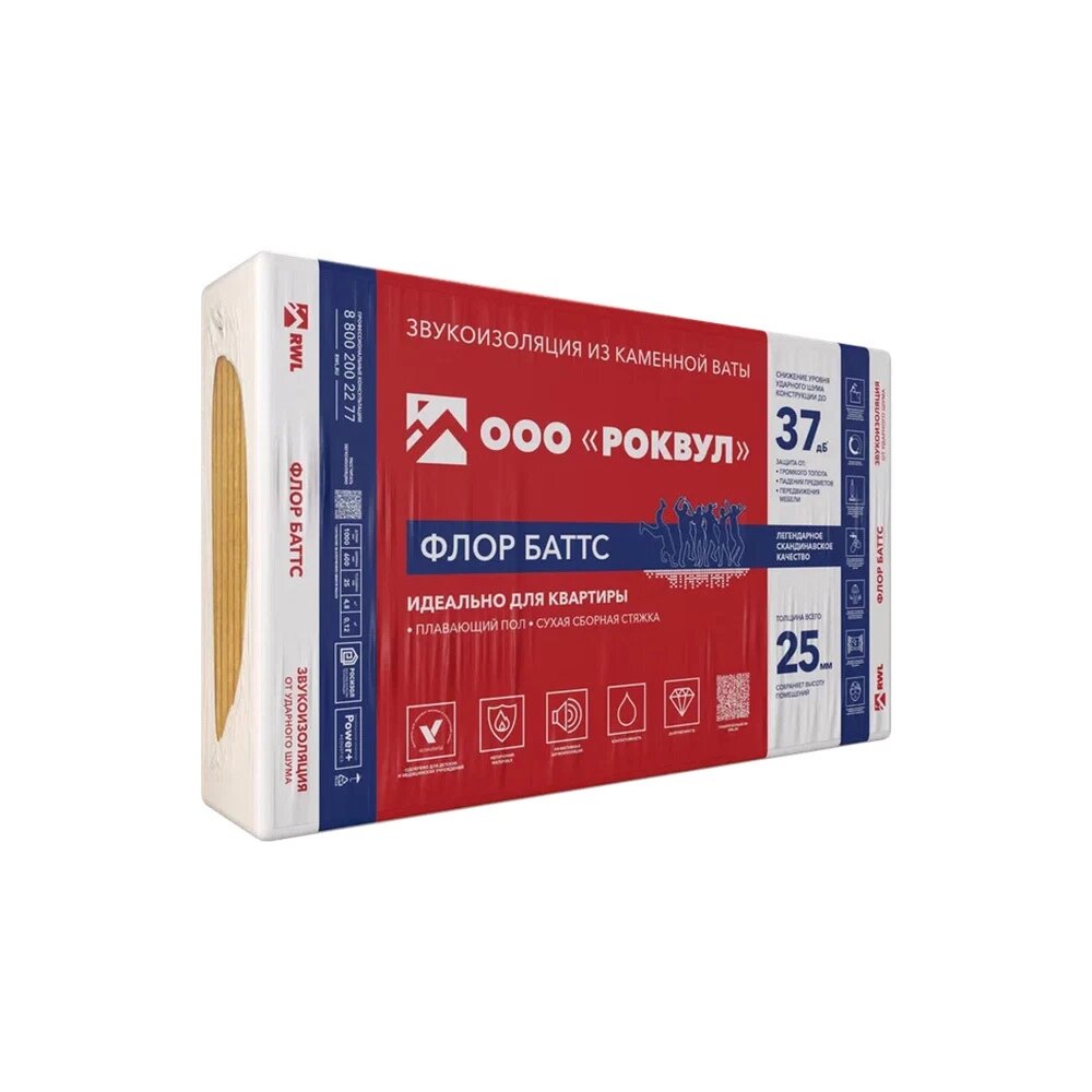 Шумоизоляция Роквул Флор Баттс 25х600х1000 мм 4,8 кв. м Роквул ГП-333504