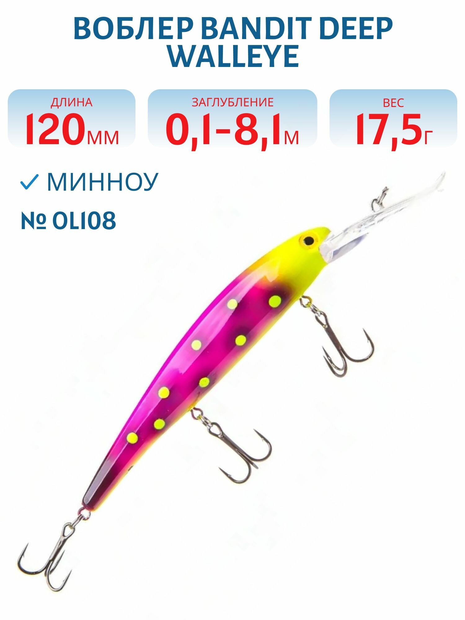 Воблер BANDIT DEEP WALLEYE, 120 мм, 17,5 гр, цвет OL108