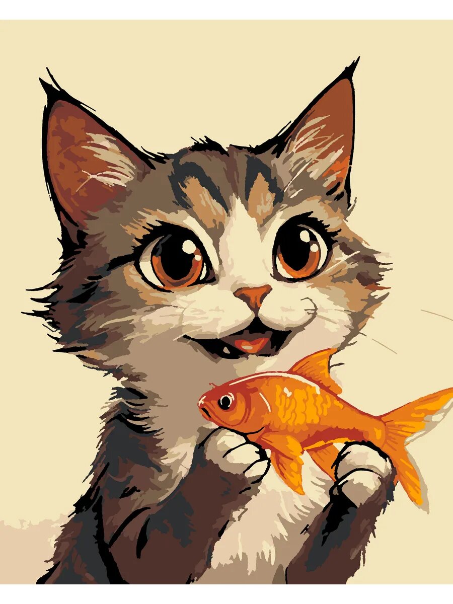 Картина "Кот и рыбка" Тут рисуют, 40x50 см, холст на подрамнике
