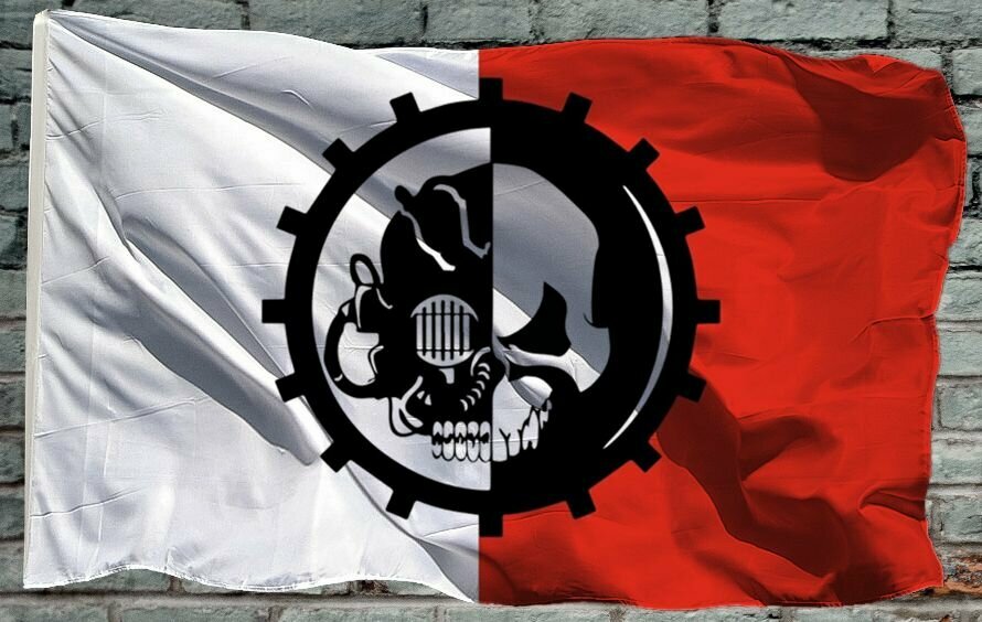 Флаг Адептус Механикус Вархаммер Warhammer 40000 на красном фоне, 70х105 см на сетке для флагштока