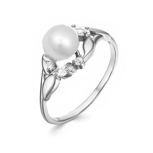 Кольцо, серебро, 925 проба, родирование, жемчуг, фианит