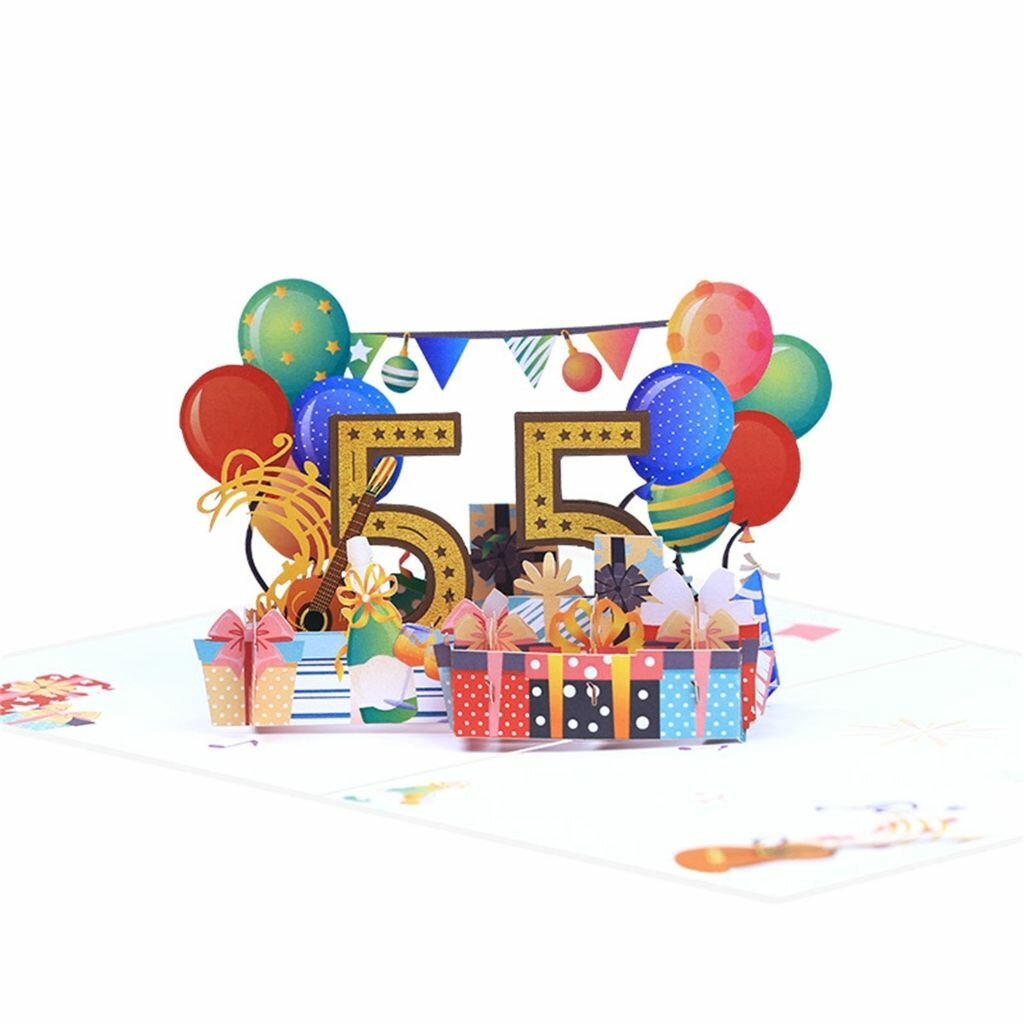 Приглашение, Винтажная поп-ап 3D открытка на день рождения - цифра 55, 1 набор