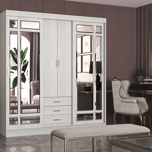 Андрей-1 шкаф-купе (1700*2100*580 мм) анкор белый с зеркалом и ящиками