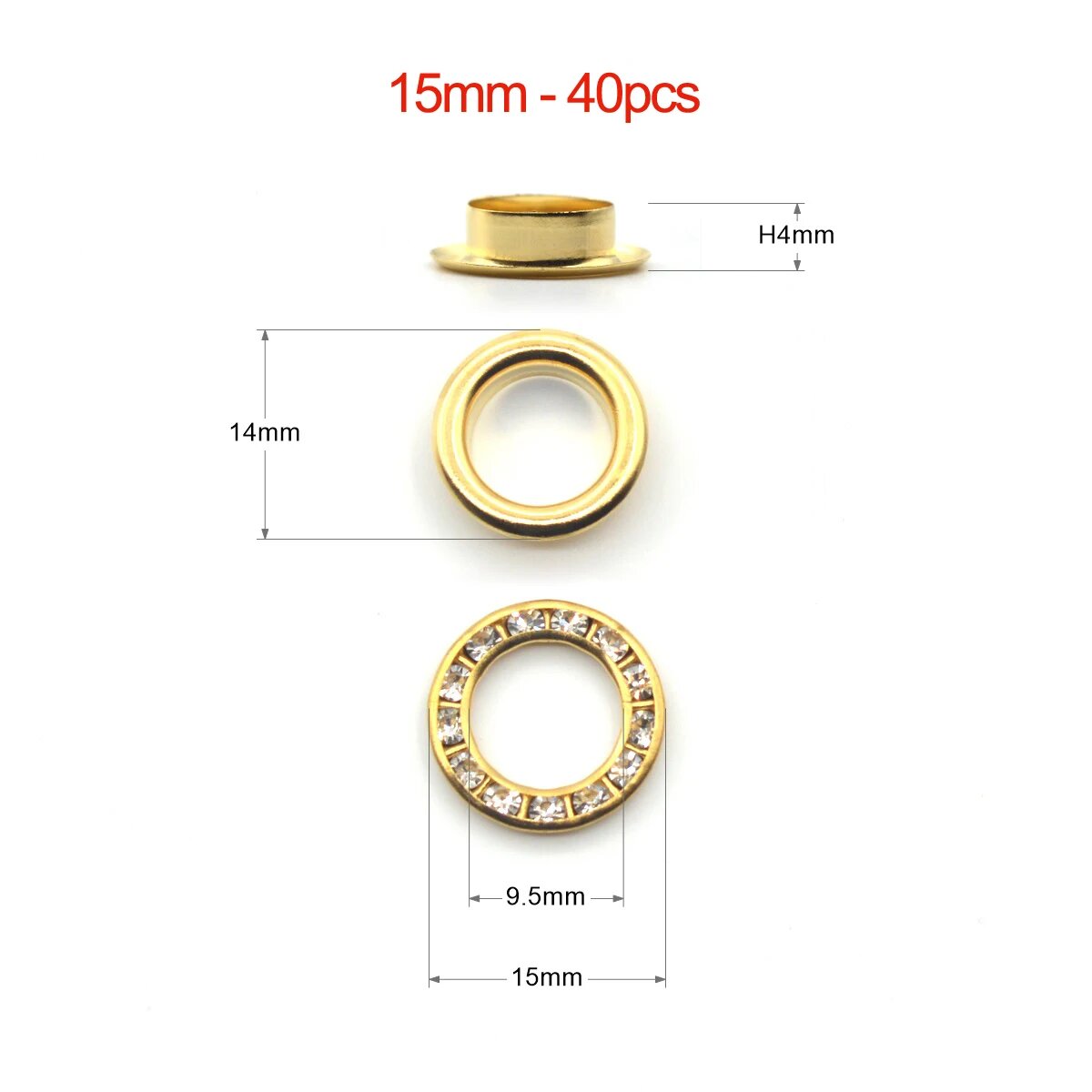Люверсы латунные с кристаллами, Gold 15 мм, 40 шт.