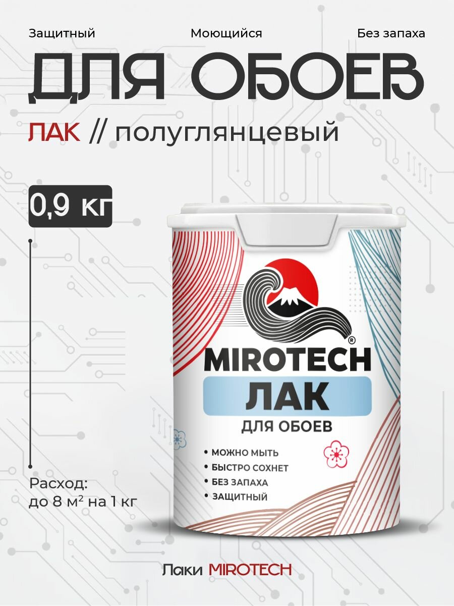 Лак для защиты обоев MIROTECH для дерева и минеральных поверхностей, моющийся без запаха быстросохнущий, полуглянцевый, 0.9 кг