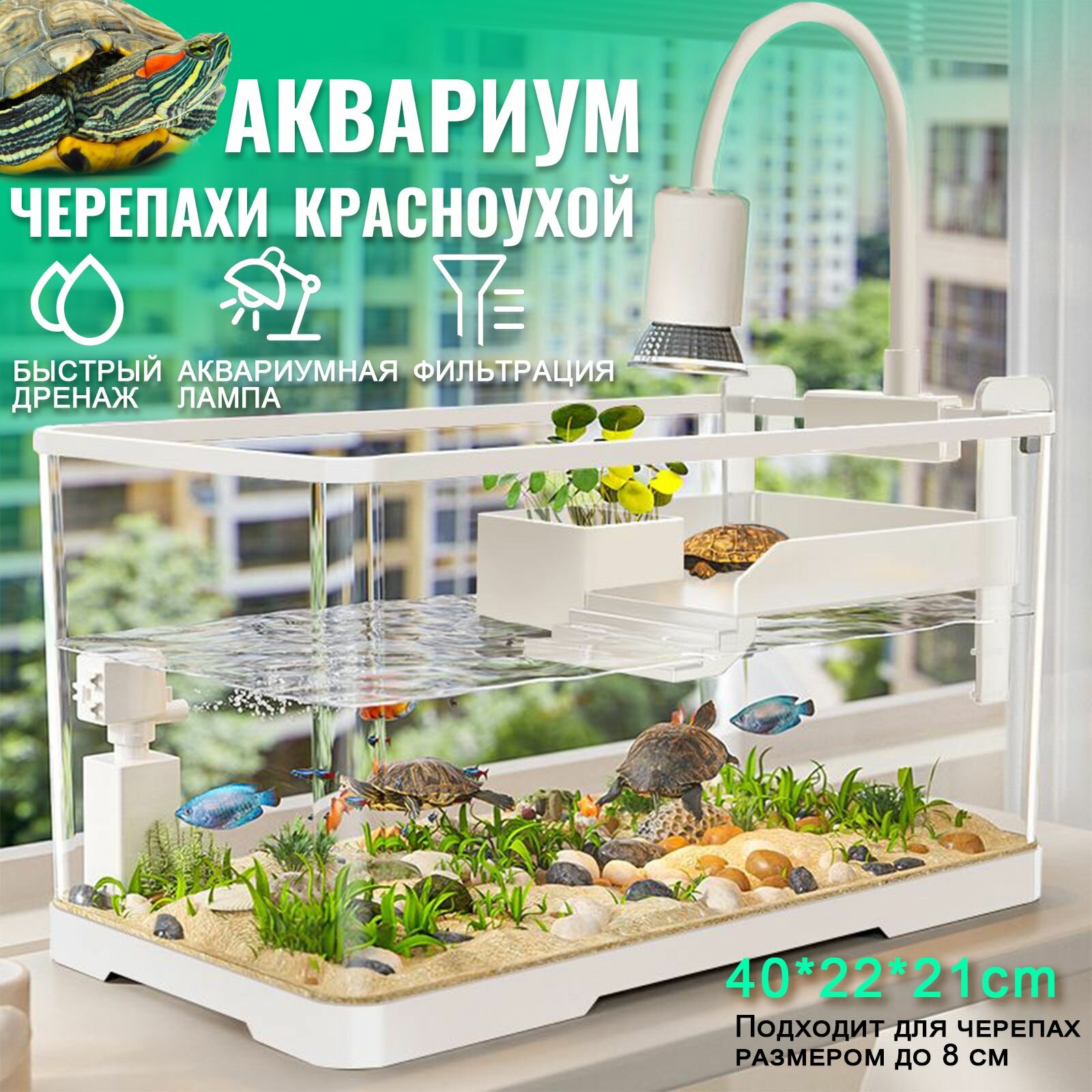 Аквариум для черепахи красноухой, 40*22*21cm, С аквариумным светильником и фильтром-1468