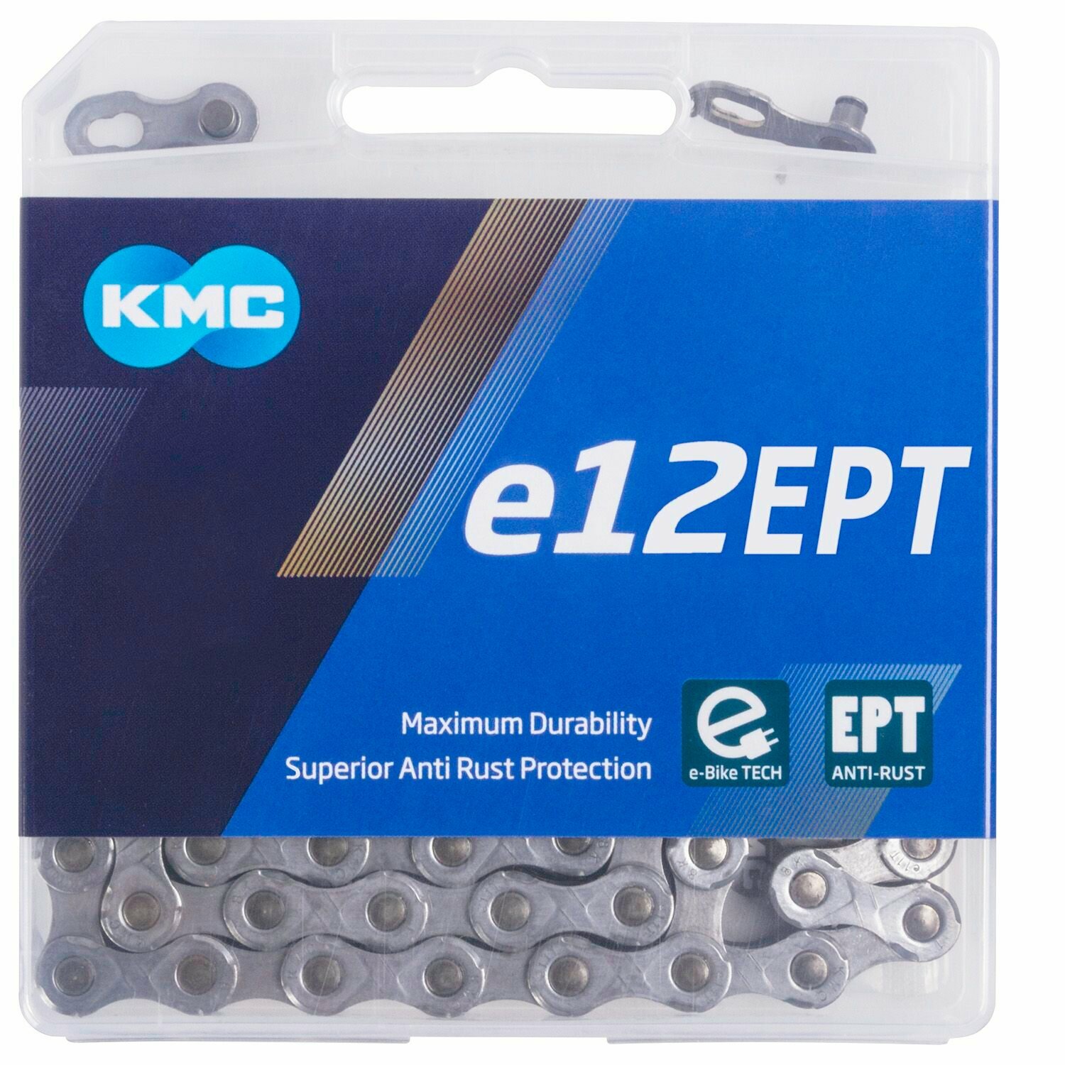 Цепь велосипедная KMC e12 EPT EcoProTeQ 11/128" 12 скоростей 130 звеньев, с замком, специально для E-Bikes, серебристая