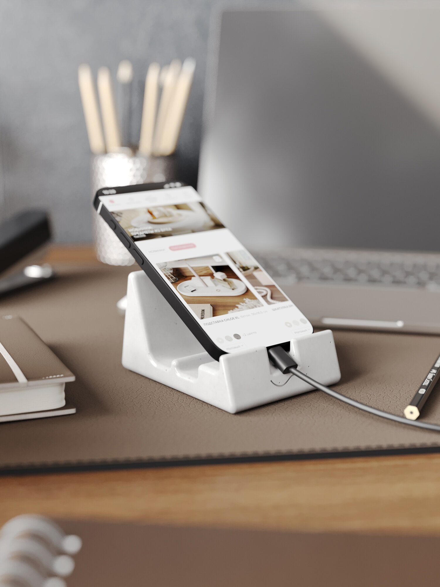 Подставка для телефона Colin настольная, 10х8х6 см, держатель для смартфона и планшета, бетон, белый глянцевый