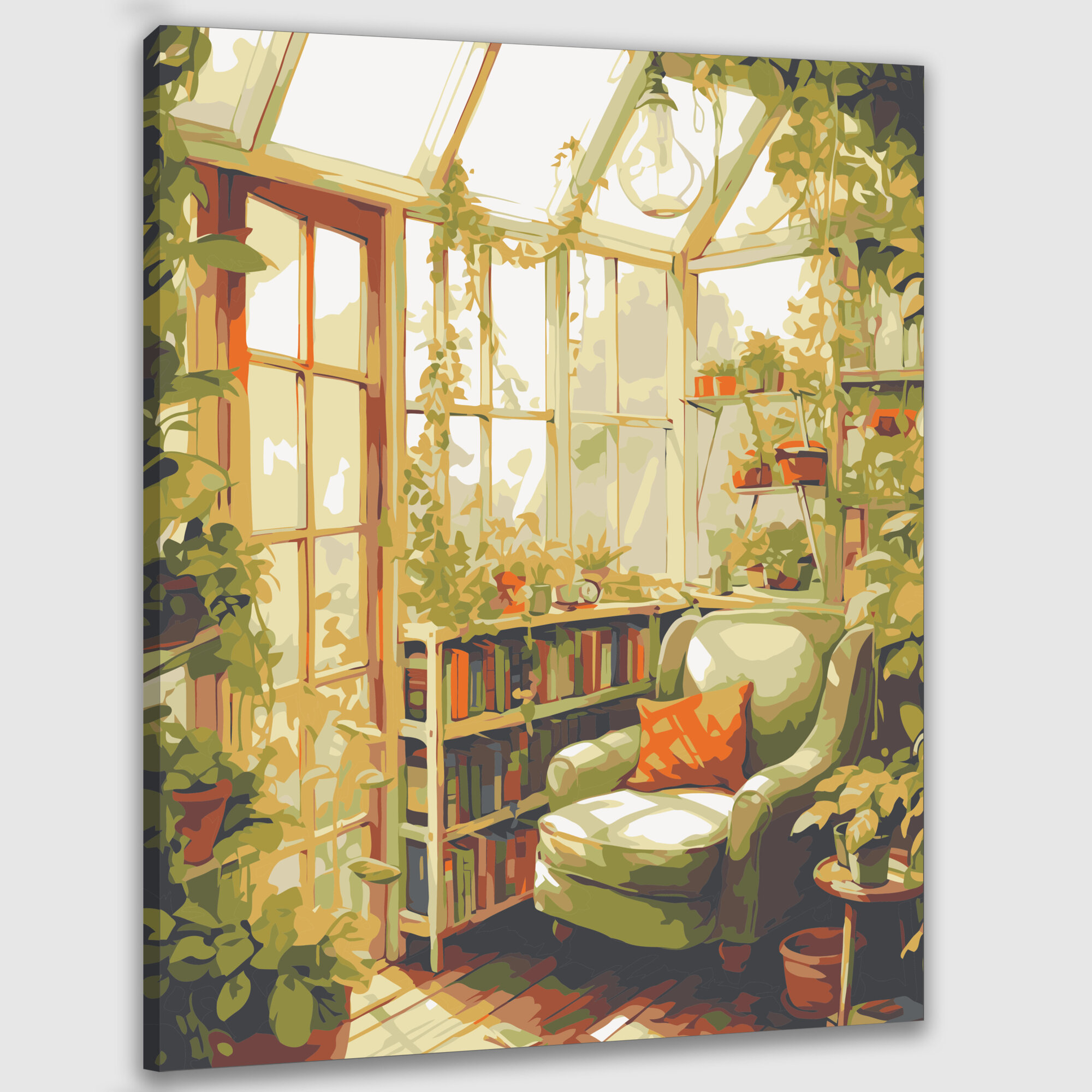 Картина по номерам 40x50 см, акварельная иллюстрация, уютный уголок для чтения, зеленый уголок, залитая солнцем комната