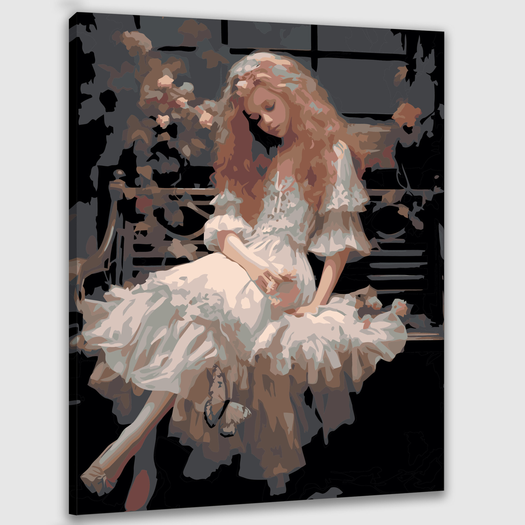 Картина по номерам 40x50 см, картина, масло, фарфоровая кукла, деревянная скамейка, сад, черты лица, платье, контраст