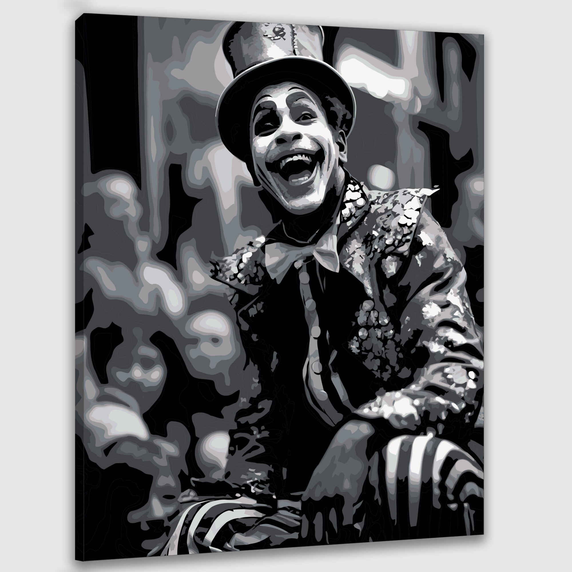 Картина по номерам 40x50 см, черно-белая фотография, уличный артист, костюм шута, выступление, озорной огонек, глаза