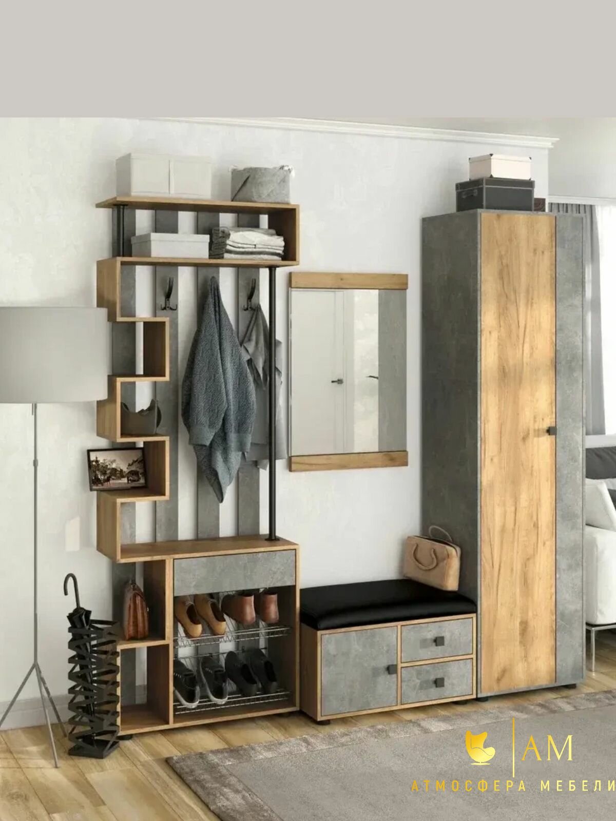 Комплект прихожей Лайт-мини исполнение 3, ЛДСП, Ателье светлое / Крафт золотой, 2152 х 2170 х 450