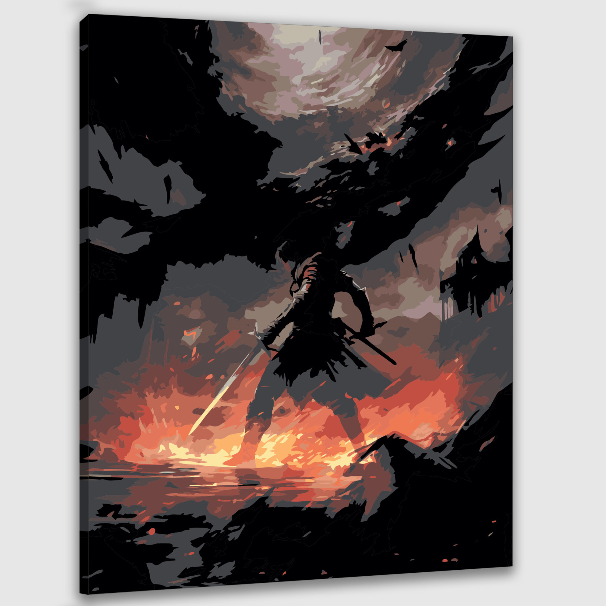 Картина по номерам 40x50 см, Гатс, меч, кровь, сражение, Берсерк, драматичное освещение, глубокие тени