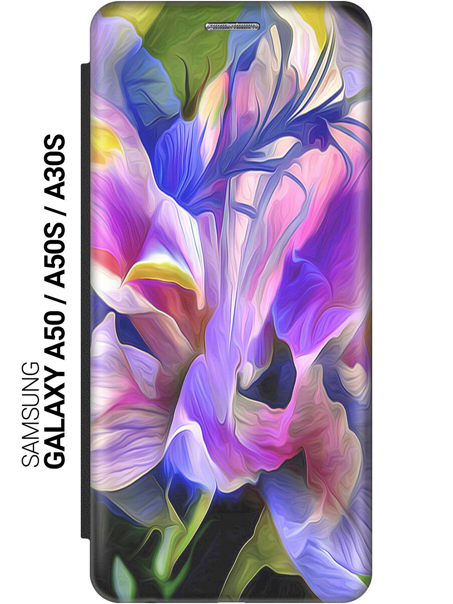 Чехол-книжка на Samsung Galaxy A50, A50s, A30s, Самсунг А50, А30с, А50с с 3D принтом "Цветочная абстракция" черный