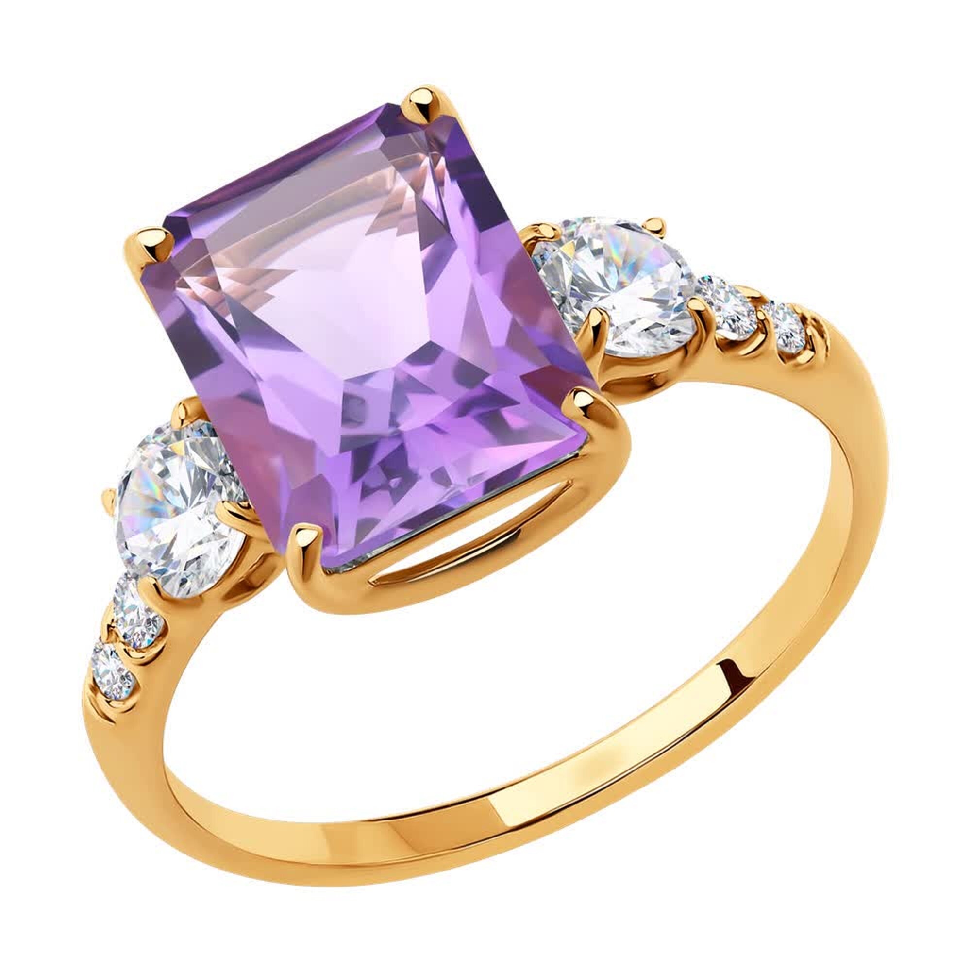 Кольцо, красное золото, 585 проба, аметист, фианит