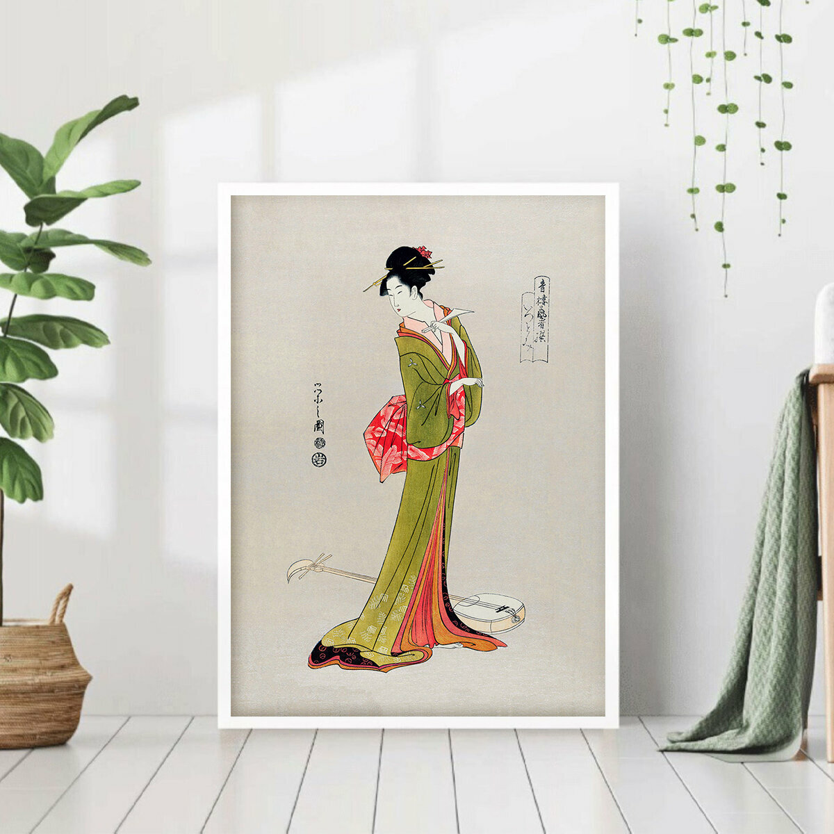 Постер " Гейша рисунок репродукция" 40x50 в белой рамке для интерьера на стену