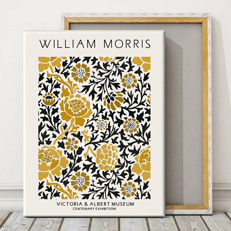 Картина на холсте 50х70 см "Моррис, желто-черные цветочные узоры", на стену для интерьера