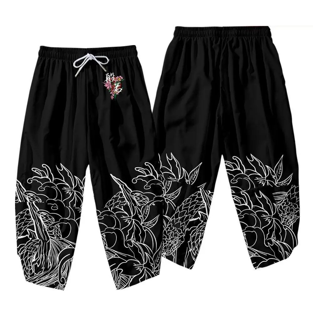Черные японские брюки с принтом, 5XL, Pants 9