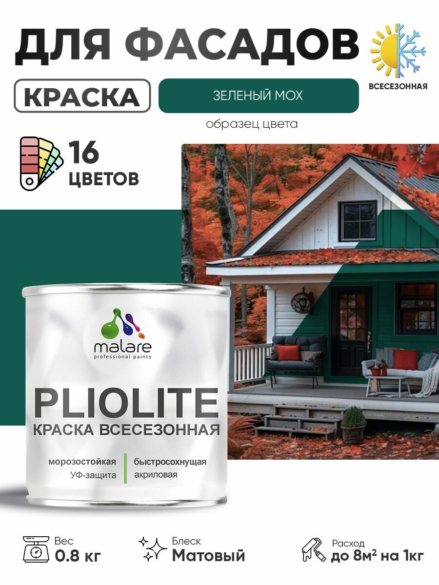 Краска-эмаль Pliolite всесезонная, зимняя, для всех типов поверхностей, антикоррозионная, RAL 6005, зелёный мох, матовая, 0,8 кг.