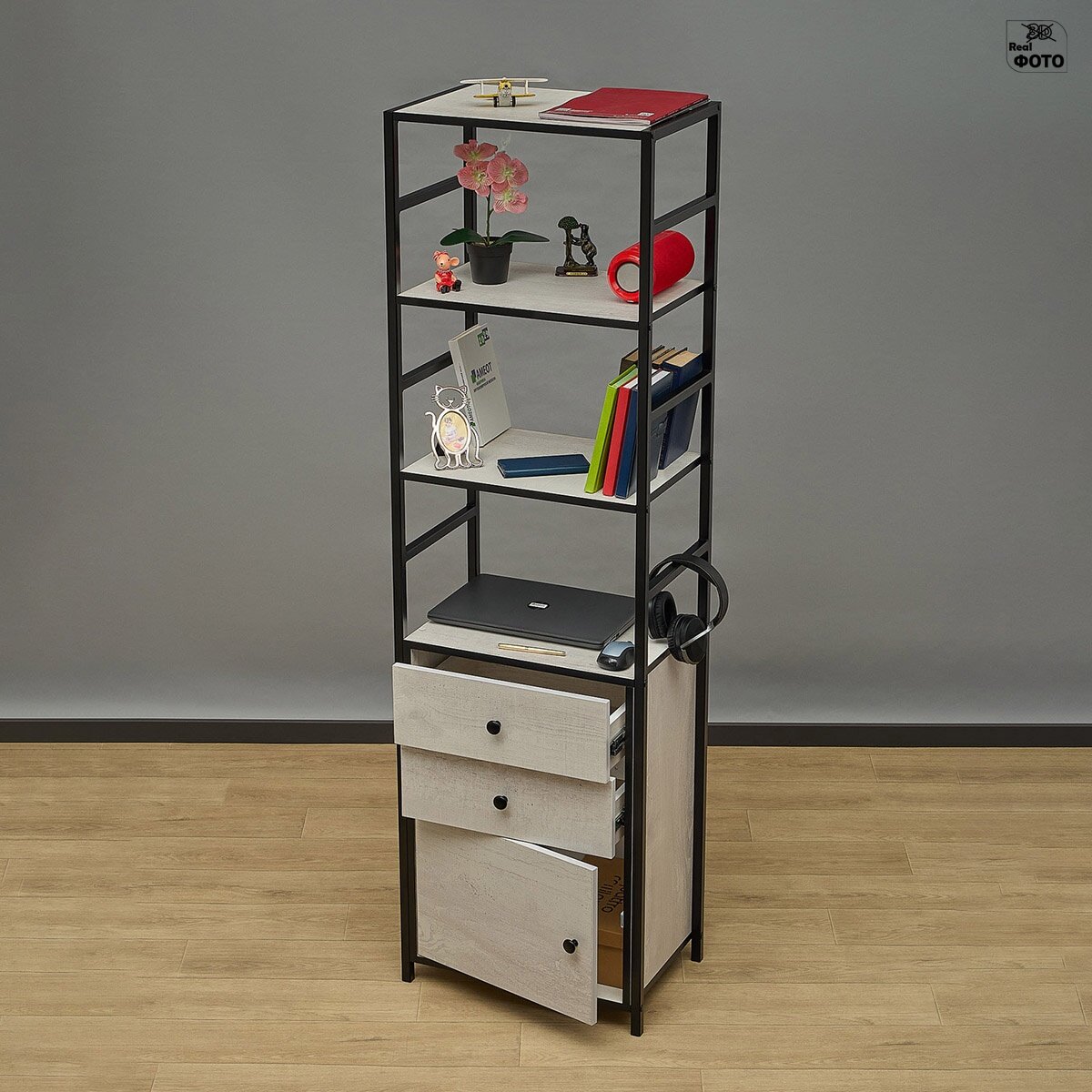 Шкаф с 2 ящиками и дверью Сусар 8С на металлических стойках сосна битон белый ш52/г34/в177