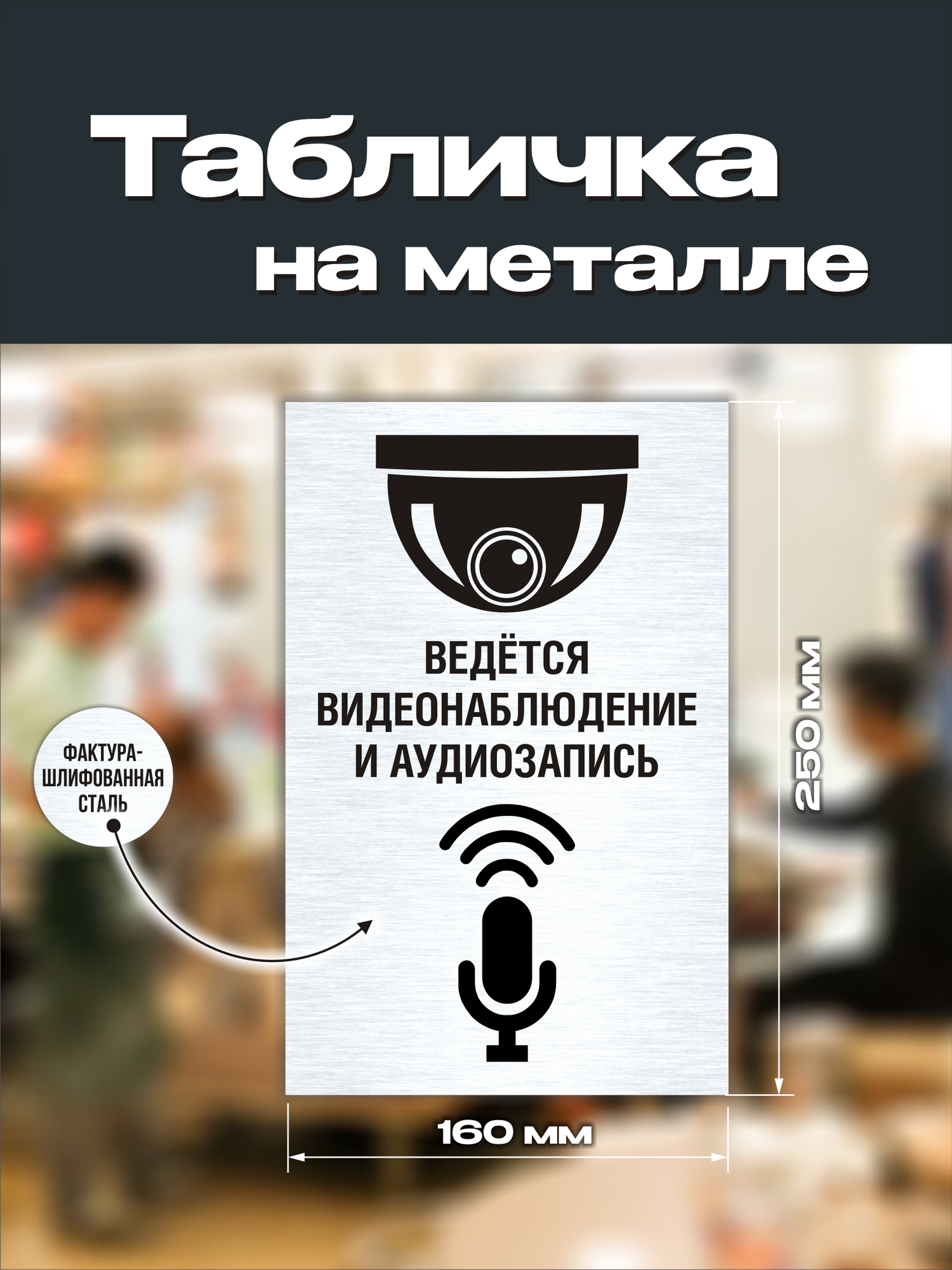 Табличка металлическая "Ведётся видеонаблюдение и аудиозапись" серебряный фон, размер 250х160 мм