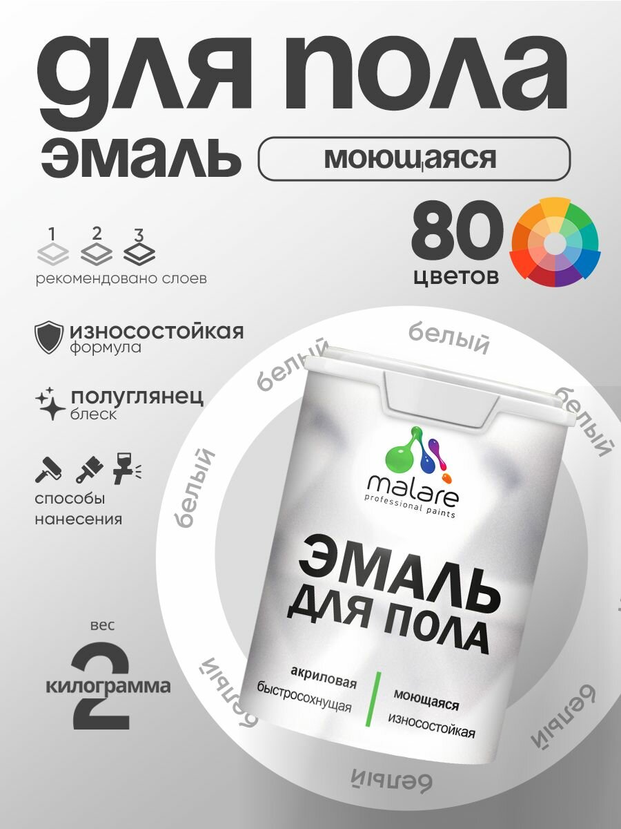 Эмаль Malare для пола акриловая, экологичная без запаха, износостойкая, быстросохнущая, моющаяся, полуглянцевая, белая, 2 кг