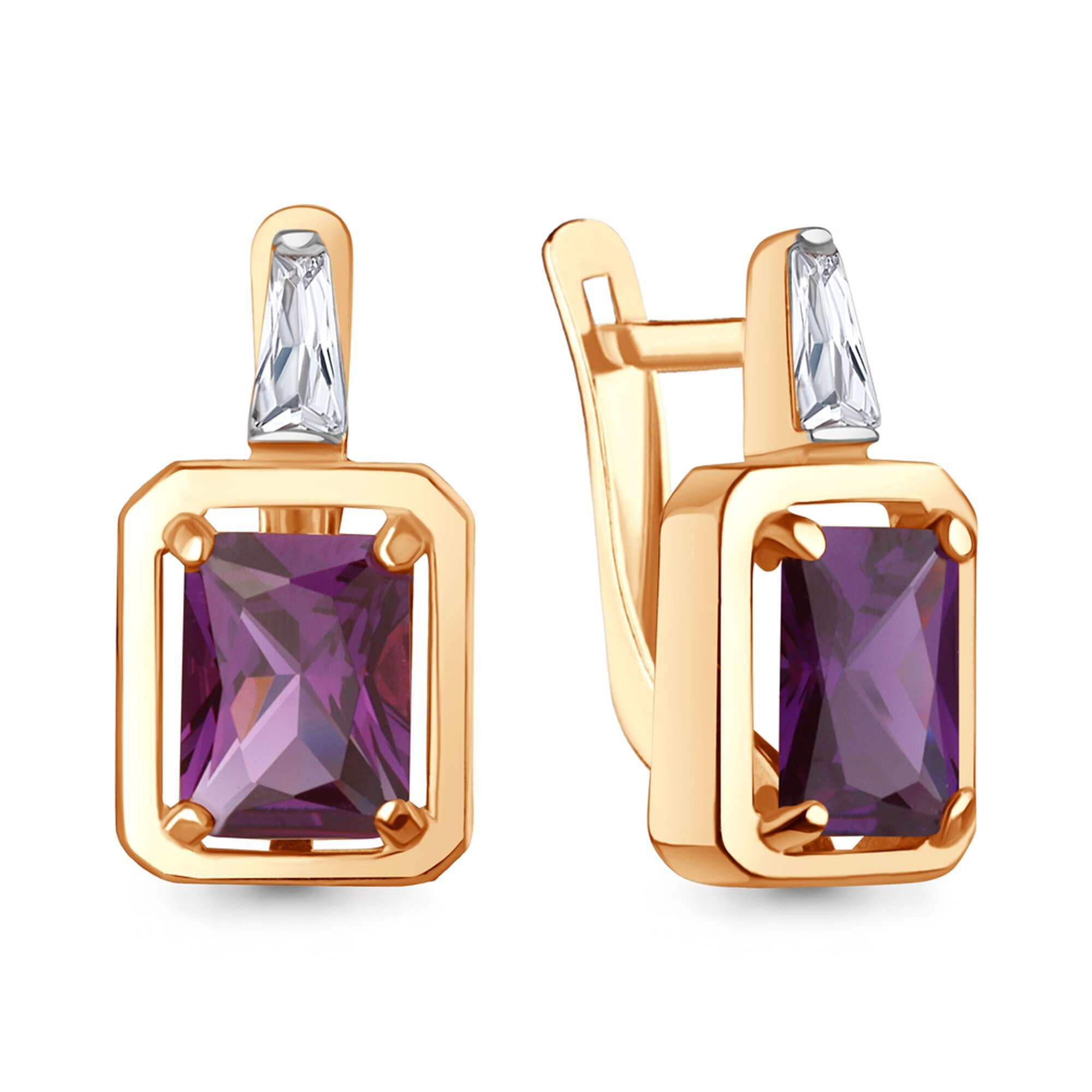 Серьги, серебро, 925 проба, золочение, фианит, аметист