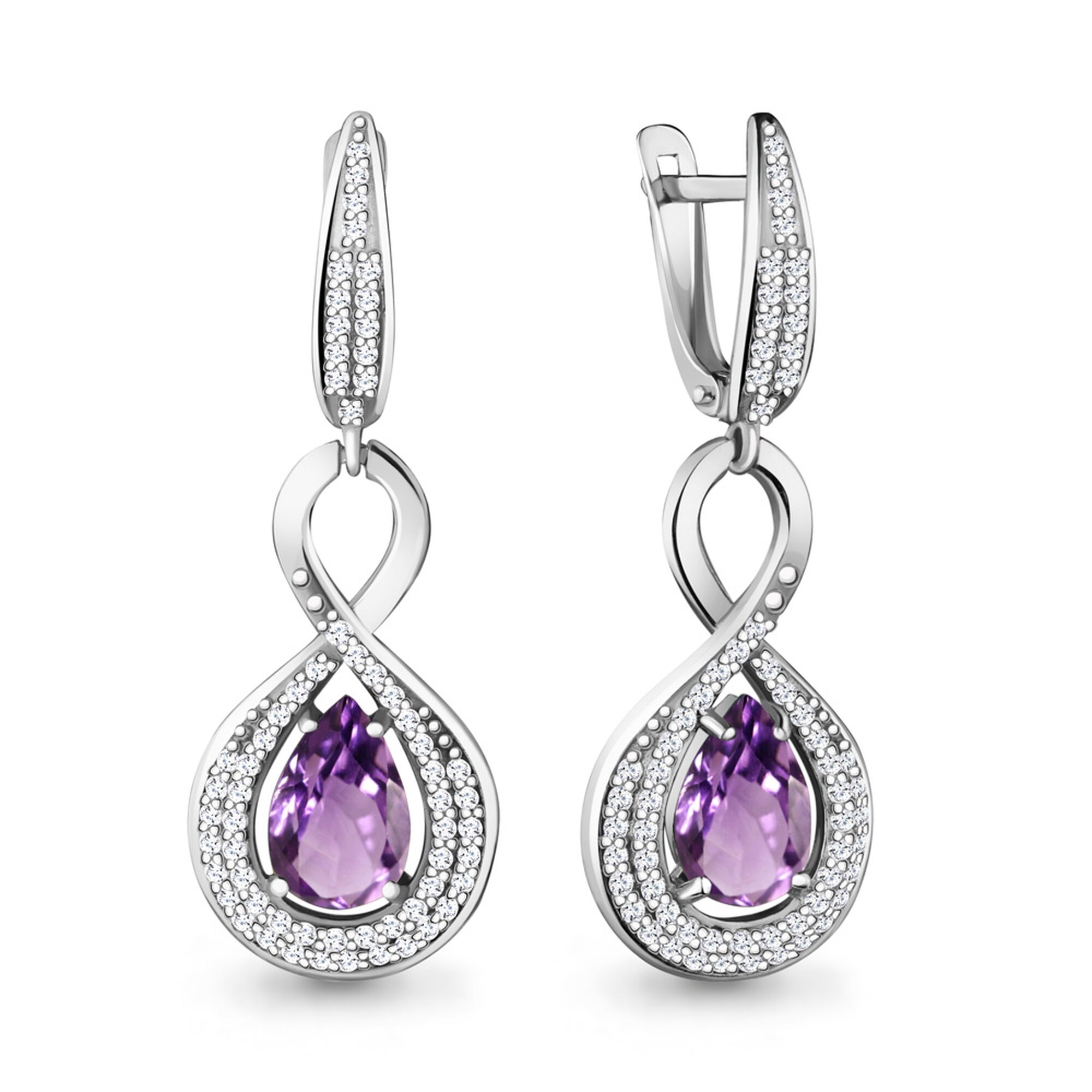 Серьги, серебро, 925 проба, родирование, фианит, аметист