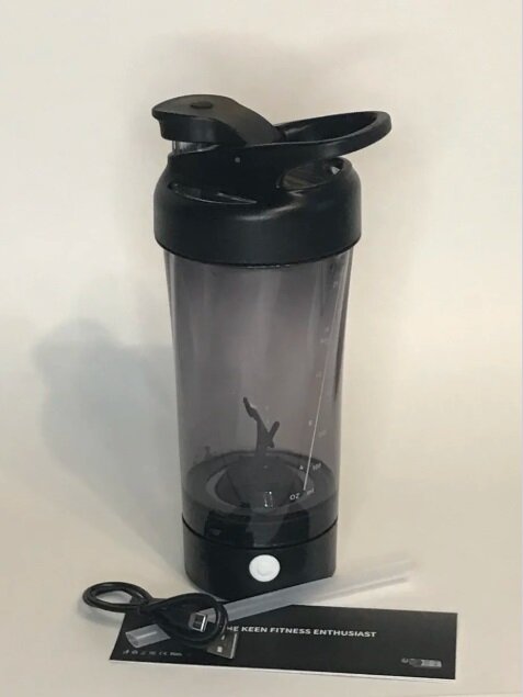 Новый шейкер спортивный с электрическим блендером и подсветкой. Черный / белая кнопка