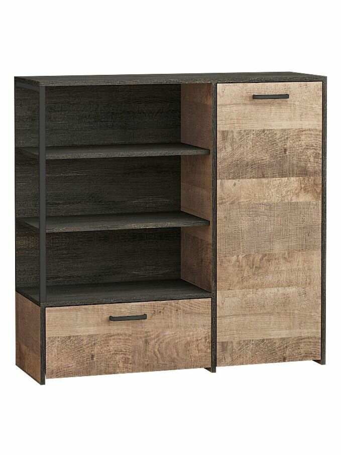 Комод для одежды и хранения вещей Трувор с ящиком, с полками, с доводчиками, 109х36.9х106.9 см, Дуб Гранж песочный / Интра / Черный