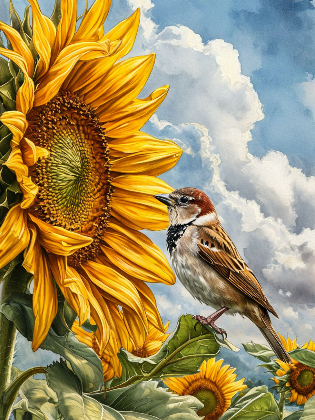 Картина по номерам "Подсолнух и воробей" 40х50 см, хлопковый холст на подрамнике, акрил, Hobby Home