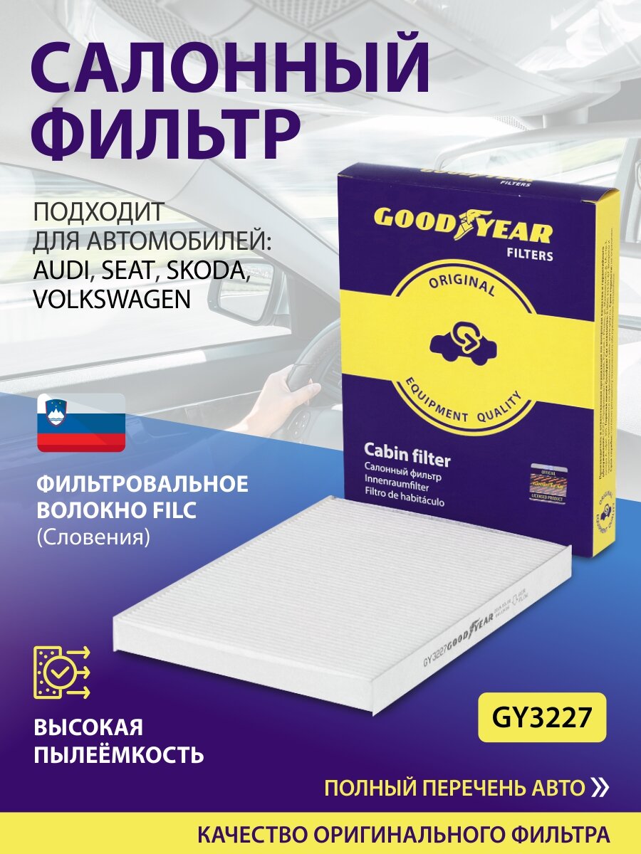 Фильтр салонный автомобильный Goodyear GY3227 для VOLKSWAGEN: CADDY II, GOLF III, PASSAT (3B3/3B6), POLO III; SKODA:
