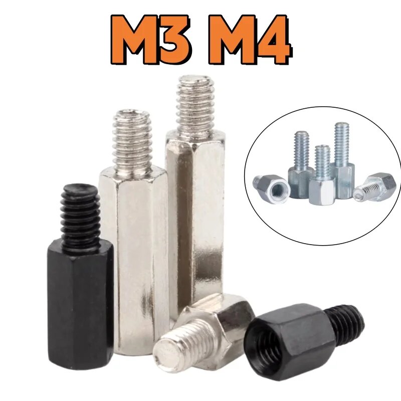 Шестигранная стойка M3 M4, углеродистая сталь, шпилька, крепление, прокладка, стойки, болты, проставки для печатной платы компьютера, прокладка для материнской платы
