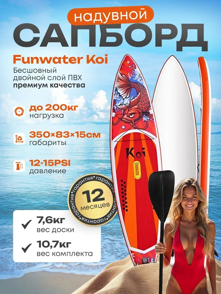 Сапборд KOI 350см Sup board, надувная sup доска 350х90х15см, полный комплект