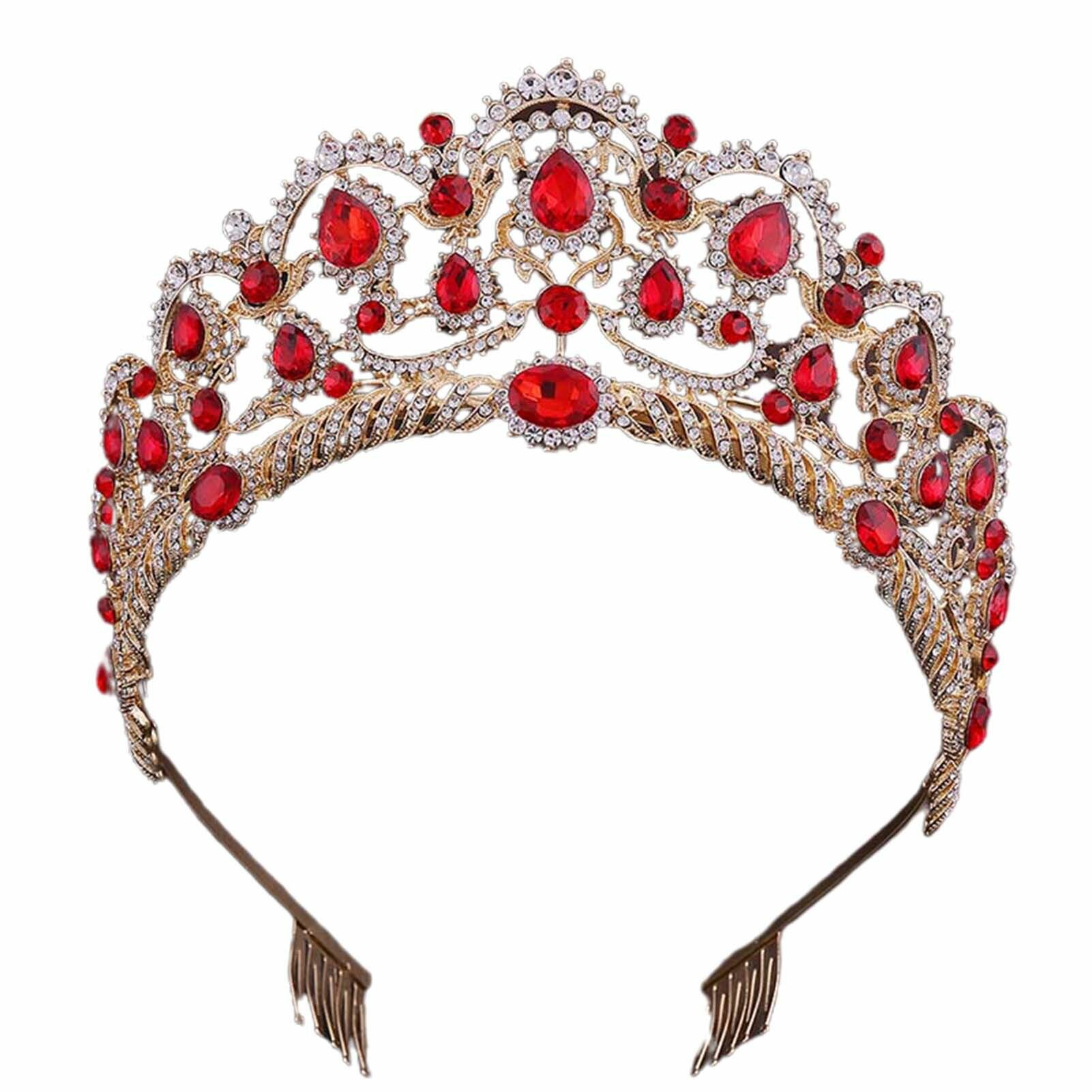 Диадема красная с хрустальными стразами на гребне — тиара для свадьбы, выпускного и праздника, серебро/золото.